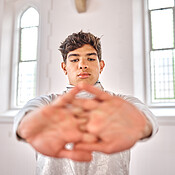 Sports, fencing and man stretching for training, exercise and workout ...