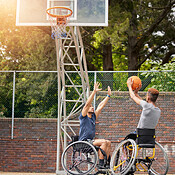 Sports, wheelchair basketball shot and people practice target, goal or ...