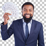Rich, happy and portrait of a black man with money isolated on a white ...