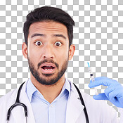 Wow, portrait and doctor with vaccine, syringe and surprise in studio ...