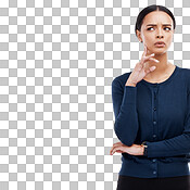 Thinking, studio mockup or woman contemplating decision, problem ...