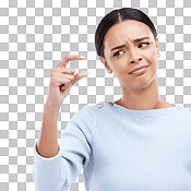 Woman, hand and small sign in studio with size, gesture or symbol ...