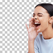 Woman, shouting and screaming on mockup for voice, anger or ...