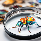 Science, magnifying glass and dogbane beetle on white studio background ...
