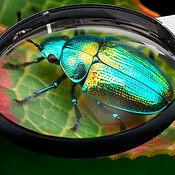 Closeup, magnifying glass and jewel beetle on green leaf plant for ...