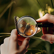 Hands, magnifying glass and monarch butterfly on green leaf plant for ...