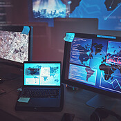 Computer, location hacking and cybersecurity, hologram screen with ...