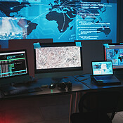 Cybersecurity, computer and global network info with map graphic for ...