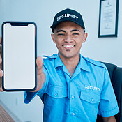 Security guard man, portrait and mobile phone screen for mockup space ...