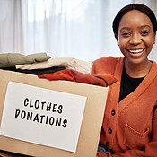 Clothes donation, charity and woman portrait with box for nonprofit and ...