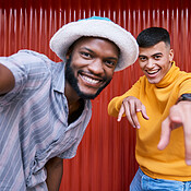 Selfie, friends and men in portrait, gen z and fashion with smile ...
