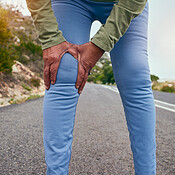 Knee pain, road and fitness of a senior person with massage and sport ...