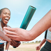 Woman, team and running with baton in relay, marathon or sports fitness ...