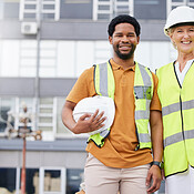 Portrait of man, woman and civil engineering at construction site for ...