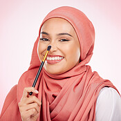 Makeup brush, portrait and happy Muslim woman with studio cosmetics ...