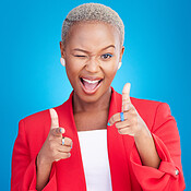 Portrait, wink and finger guns with a black woman on a pink background ...