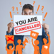 Portrait of man, cancelled sign and protest, censorship and bullying in ...