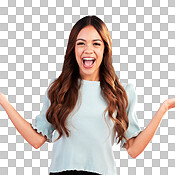 Happy woman, marketing and smile in portrait with hands out, branding ...