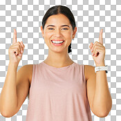 Happy laugh, woman face and pointing up to show promotion and product ...