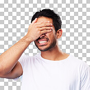 Scared, covering eyes and a man on a blue background for fear, anxiety ...