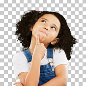 Thinking, green screen and a child with a decision isolated on a studio ...