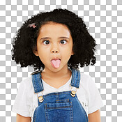 Little girl, silly and goofy face on green screen with facial expressions against a studio ...