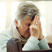 Worship, praying or old woman in church for God, holy spirit or ...