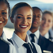 Group of smiling stewardess cabin crew. Friendly service travel concept ...