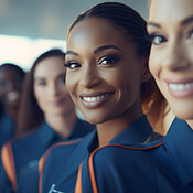 Group of smiling stewardess cabin crew. Friendly service travel concept ...