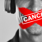 Cancel culture, man mouth and banned overlay with graphic and red cross ...