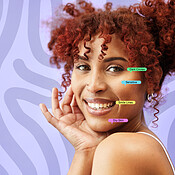 Beauty, overlay and portrait of woman with label for skincare, facial ...