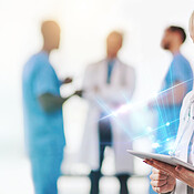 Senior woman, doctor and tablet with digital transformation in portrait ...