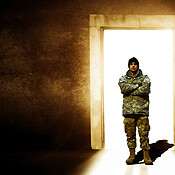 Military, crossed arms and man leaving at door for service, army duty ...
