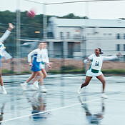 Sports, netball team player and women running, cardio or challenge for ...