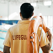 Lifeguard, back and person with swimming, pool or safety lifebuoy for ...