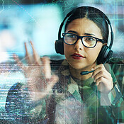 Military, communication and double exposure with a woman user online ...