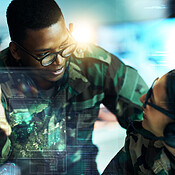 Control room overlay, military and people on computer for surveillance ...