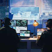 Military control room, computer screen and team with surveillance, headset and tech ...