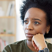 Black woman, stress and thinking in a home with memory and idea in a ...