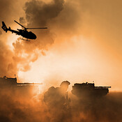 War, explosion and helicopter, soldier silhouette on battlefield with ...
