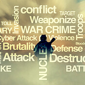 Soldier, gun and word overlay in smoke, defense and battle in war ...