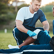 Sports, injury and man with bandage for accident, emergency and first ...