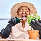 Gardening, senior and woman prune plant with happiness outdoor in ...