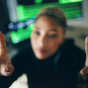 Hands, hacker and a person in an office for cyber security, software ...