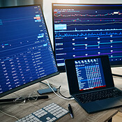 Computer screen, laptop and trading, workspace with financial dashboard ...