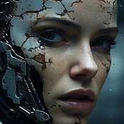 Close up of futuristic, robotic humanoid. Human face with mechanical ...