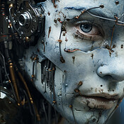 Close up of futuristic Ai programmed humanoid in apocalyptic city ...