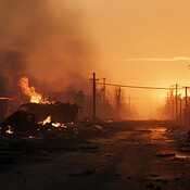 Sunrising on burning town. Flames, smoke destruction. | Buy Stock Photo ...