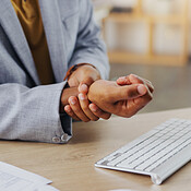 Hands of business man with problem, carpal tunnel syndrome or sore ...