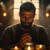 Mature man praying to God in room with candle light. Religious concept ...